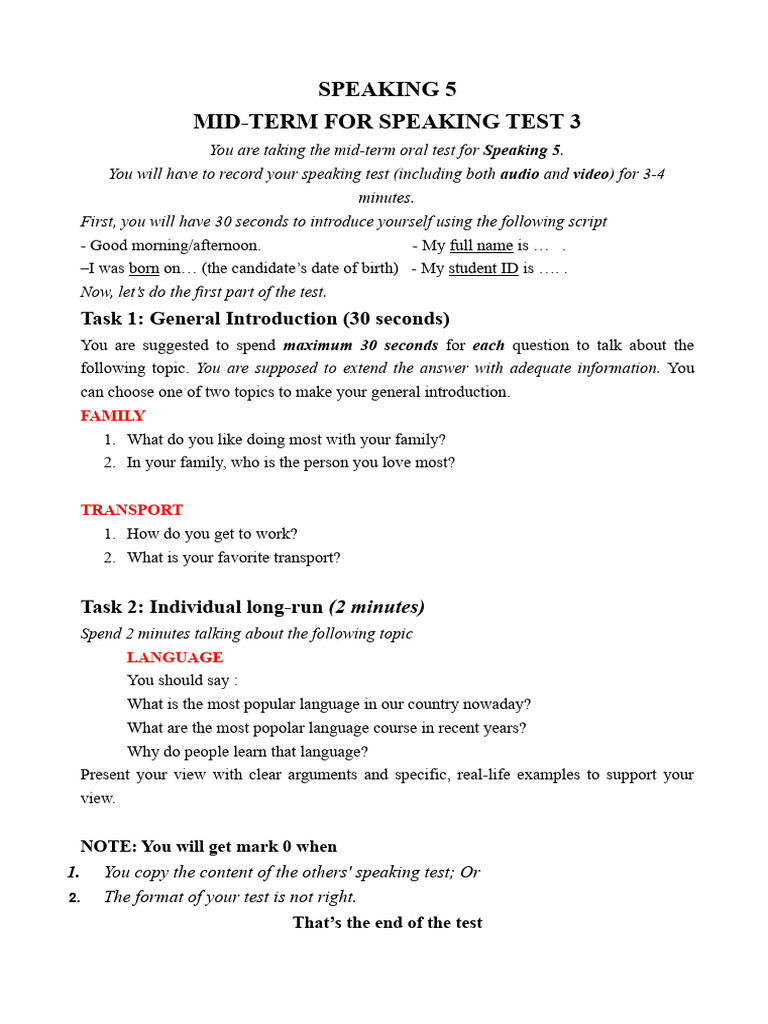 Speaking 5 Mid Term Test 3 Pdf