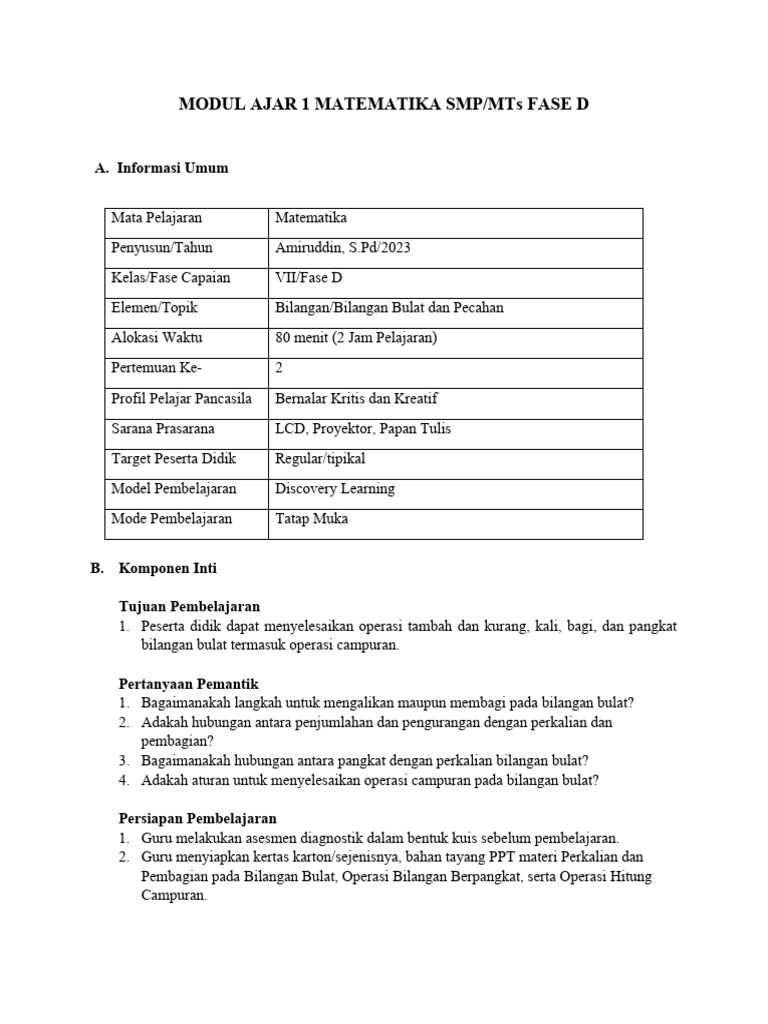 Modul Ajar 1 Matematika SM1 | PDF