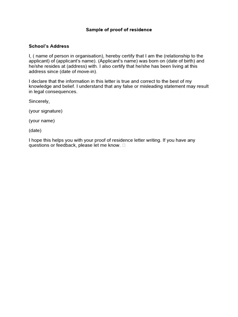 Proof of Residence Letter Sample | PDF | Law