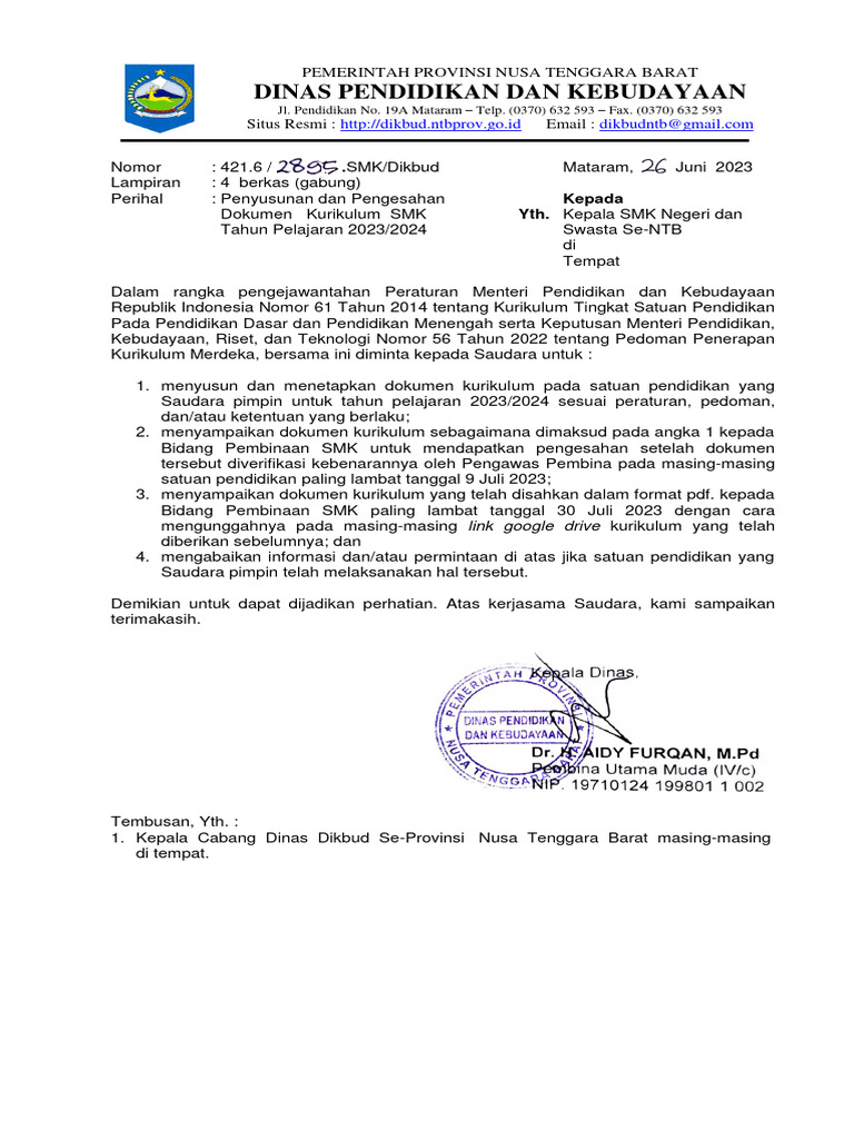 SURAT EDARAN dan PEDOMAN Penyusunan Dokumen Kurikulum SMK NTB Tahun 2023-2024 | PDF