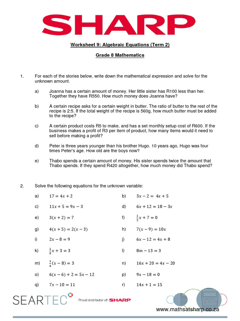 Algebraic Equations Grade 81-2 | PDF | Equations | Applied Mathematics Algebraic Equations Grade 81-2 | PDF | Equations | Applied Mathematics