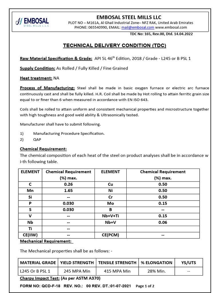 QCD-F-18 TDC - 165, Rev.00, Dtd. - 14.04.2022 | PDF | Steel | Strength Of Materials