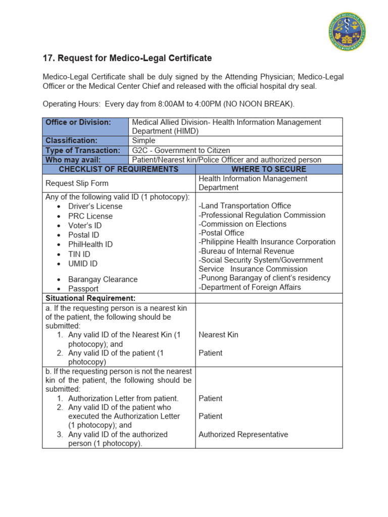 Request For Medico-Legal Certificate | PDF
