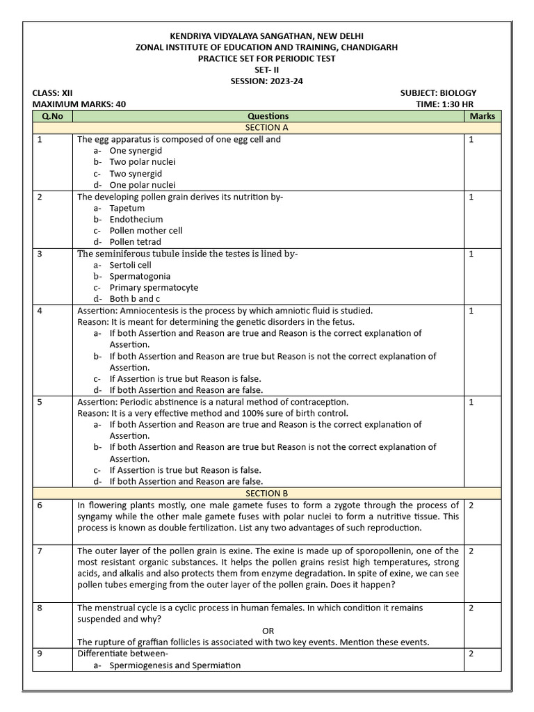 PT-1 Bio (Set-B) 2023-24 | PDF | Fertilisation | Ploidy