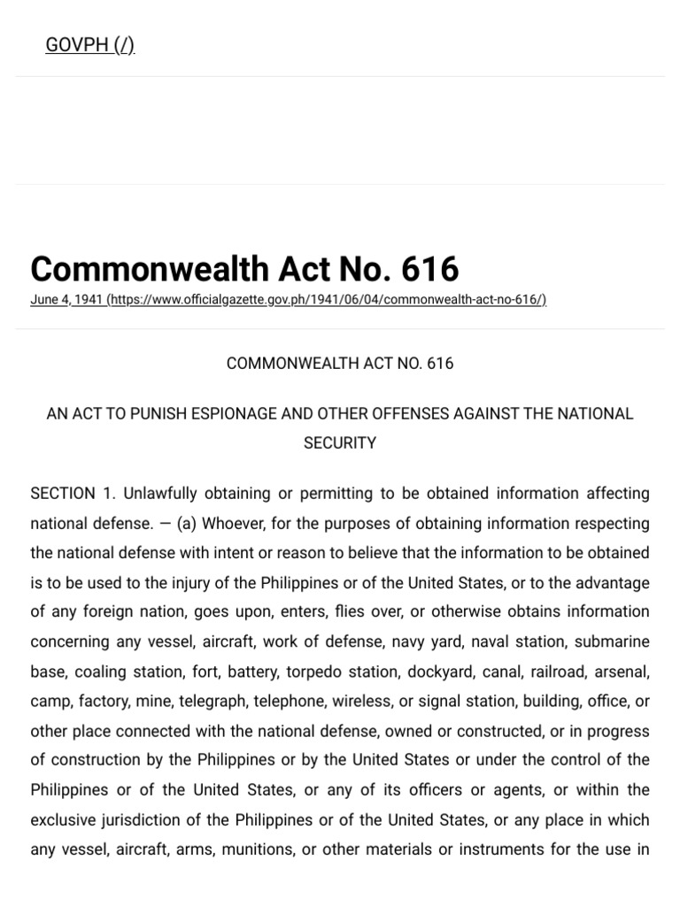 CA No. 616 Espionage - Official Gazette of The Republic of The ...