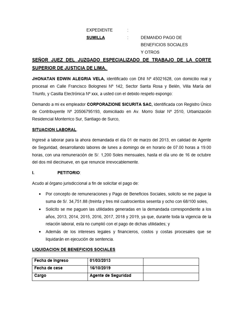 Demanda de Pago de Beneficios Sociales | PDF | Derecho laboral | Ley procesal