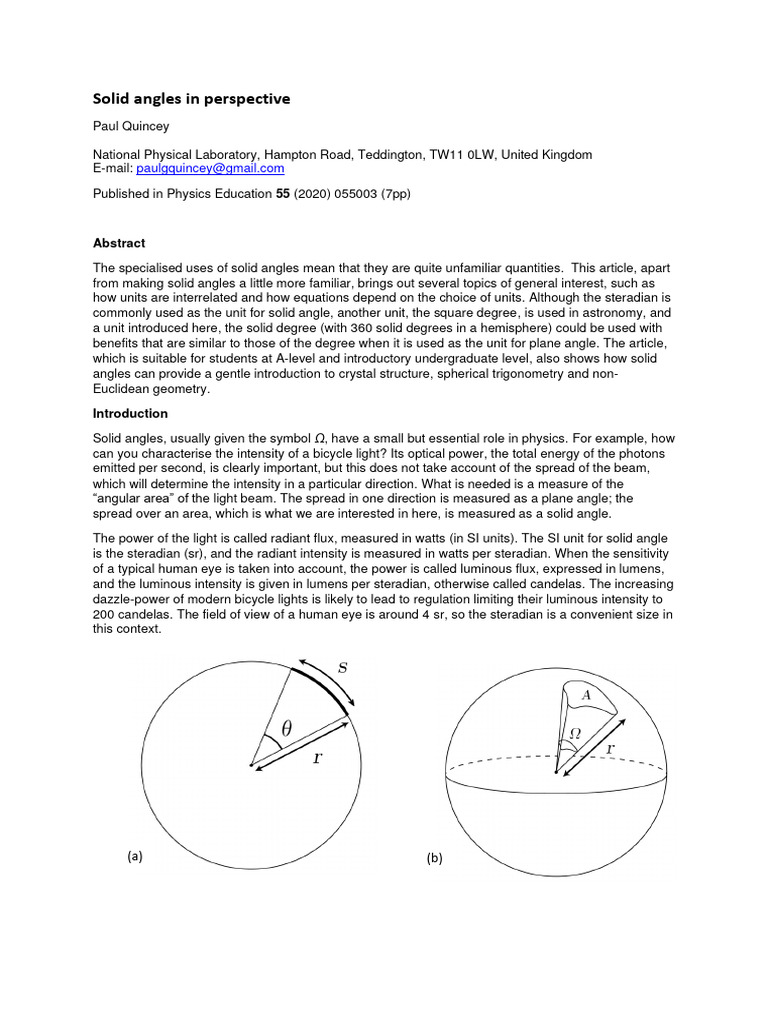 Solid angles in perspective: Ω, have a small but essential role in physics. For example, how ...