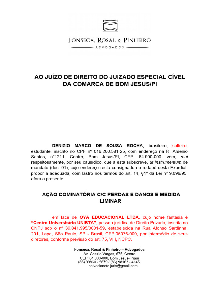 Inicial Cominatoria DanoMoral Liminar | PDF