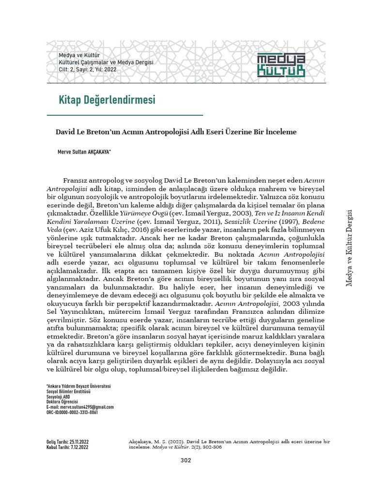 David Le Breton'un Ac - N - N Antropolojisi Adl - Eseri - Zerine Bir - Nceleme (#1210191 ...