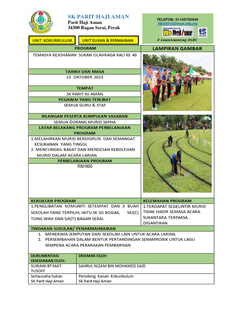 OPR TEMASYA SUKAN DAN KEJOHANAN OLAHRAGA SK PARIT HJ AMAN | PDF