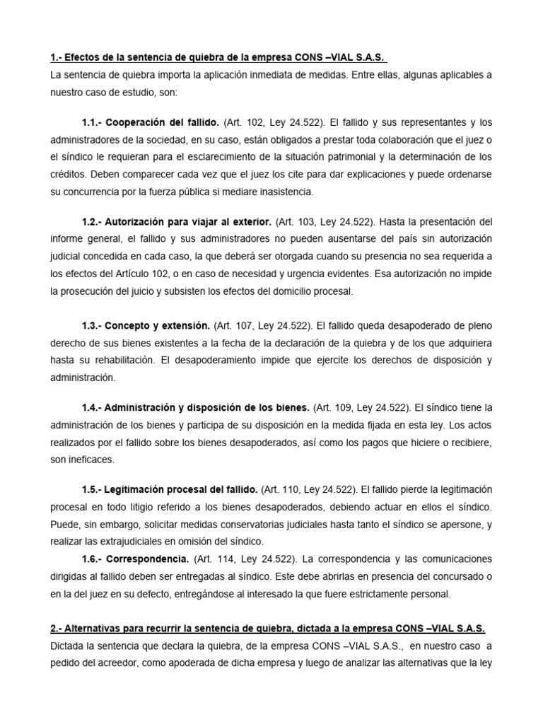 TP3 - Efectos Sentencia Quiebra | PDF | Sentencia (ley) | Bancarrota
