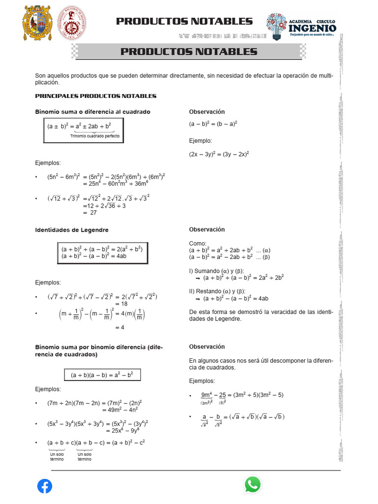 Producto Notables | PDF | Álgebra | Combinatoria