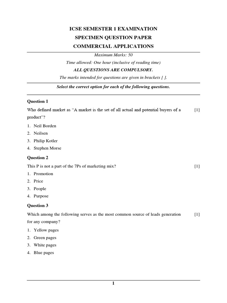 Icse Specimen QP - Commercial Applications | PDF | Marketing | Sales