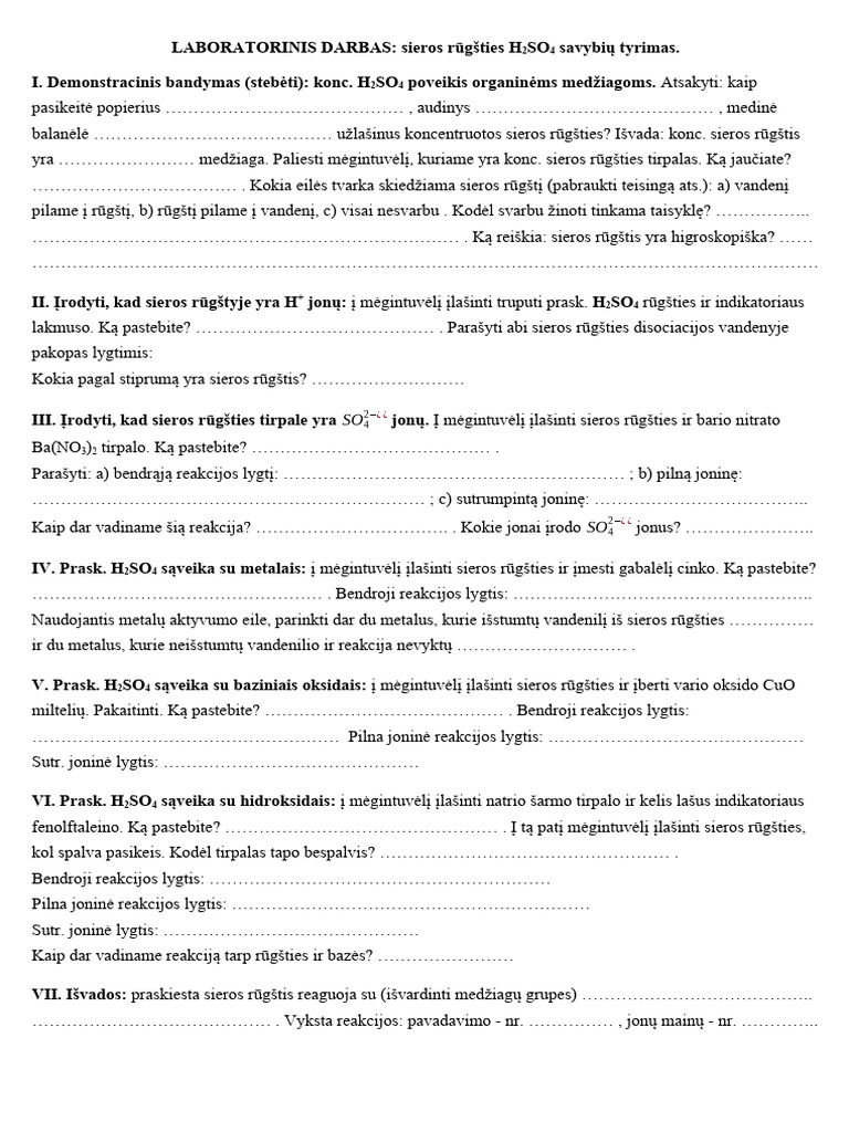 10 Kl. LABORATORINIS DARBAS - Sieros Rūgšties H2SO4 Savybių Tyrimas | PDF