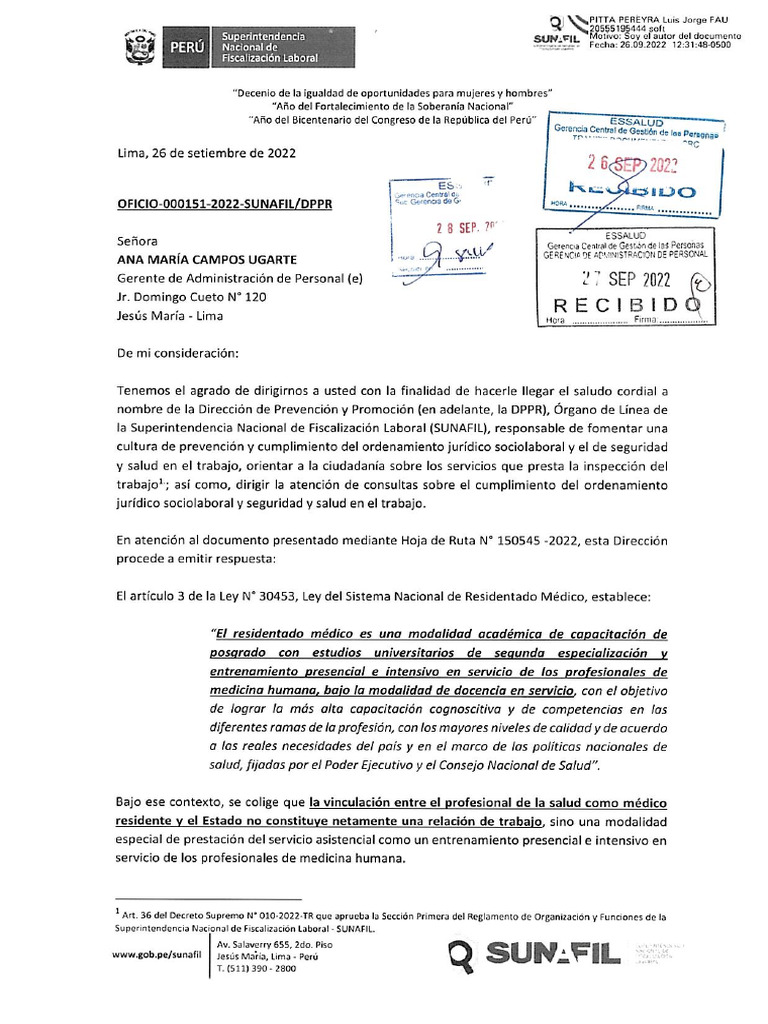 Oficio 151-2022-SUNAFIL (Consulta Sobre Residentado) - SE CONCLUYE QUE SE DIRIJA LA CONSULTA AL ...