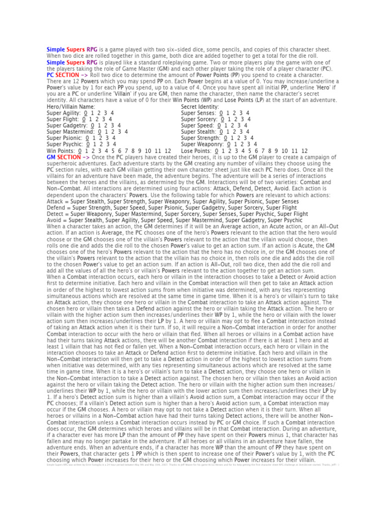 Simple Supers RPG | PDF