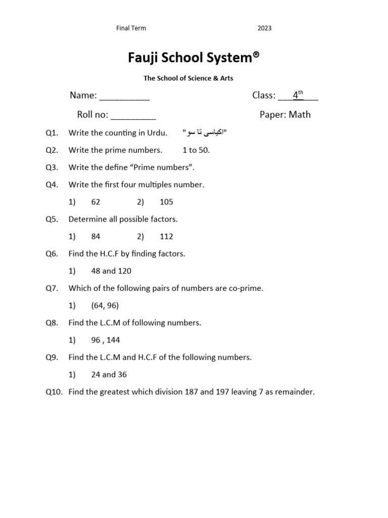 Class 4th Paper Math 2023 Final | PDF | Teaching Methods & Materials