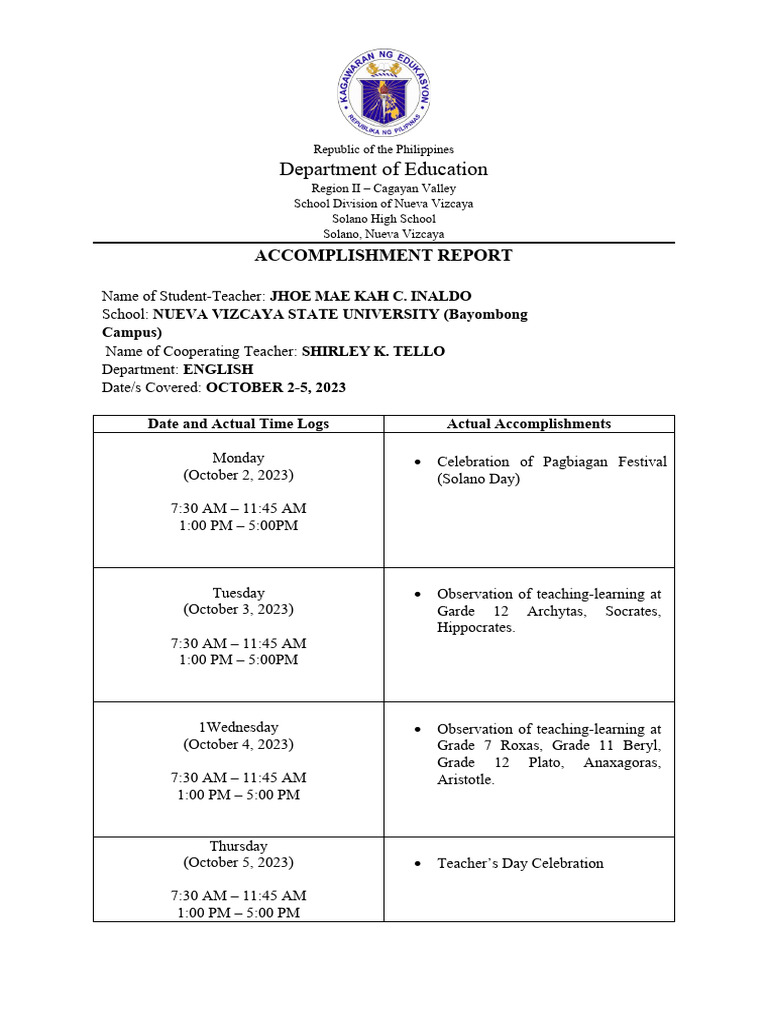 Accomplishment Report Week 2 | PDF Accomplishment Report Week 2 | PDF