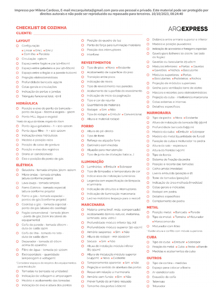 CHECKLIST COZINHA Arqexpress - Passei Direto | PDF