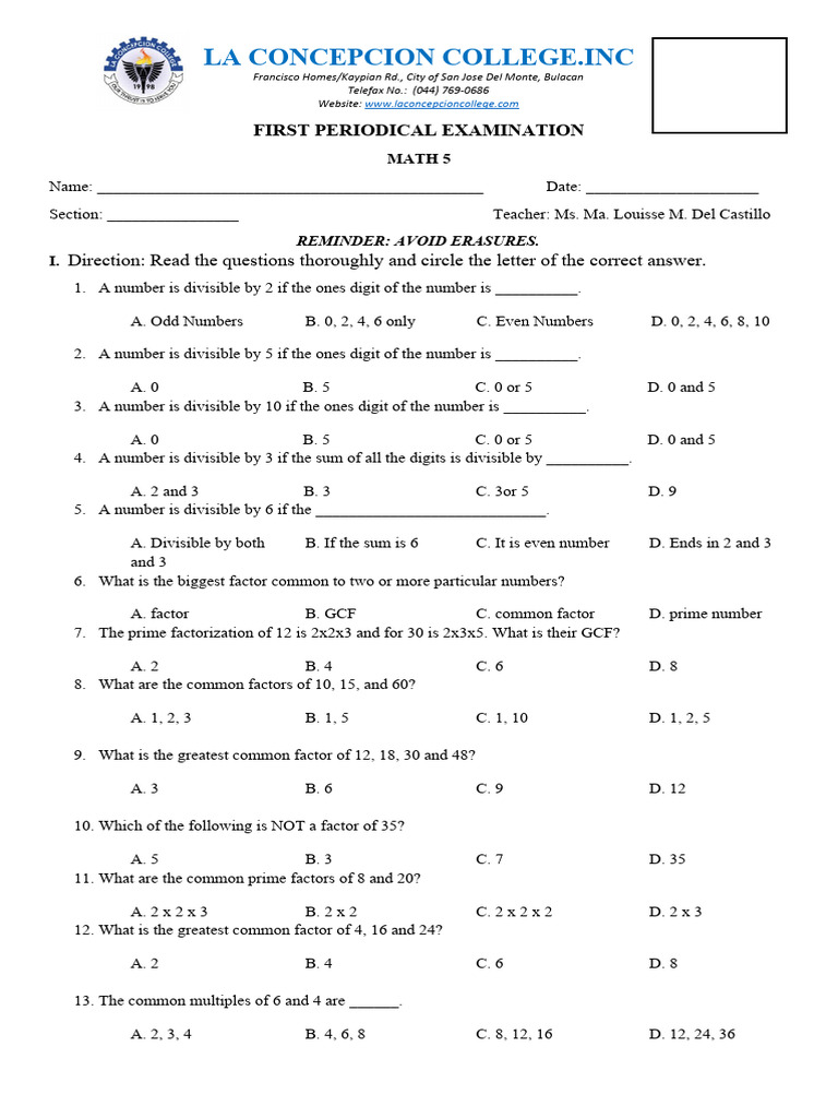 Math 5 First Periodical Examination | PDF | Numbers | Number Theory