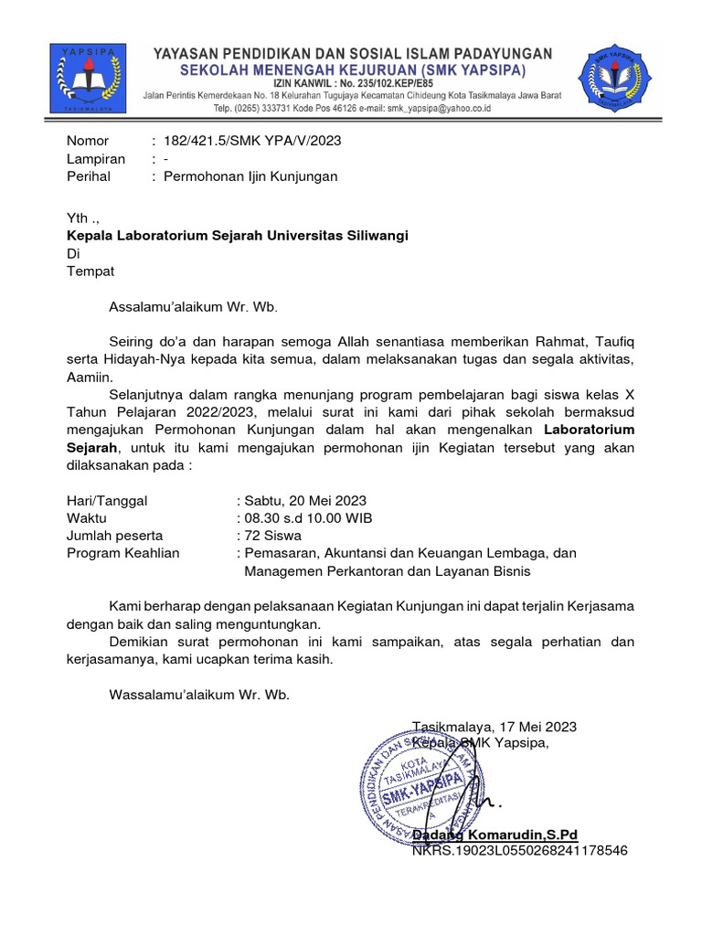 Surat Permohonan Ijin Kunjungan Lab Sejarah | PDF | Karier & Perkembangan