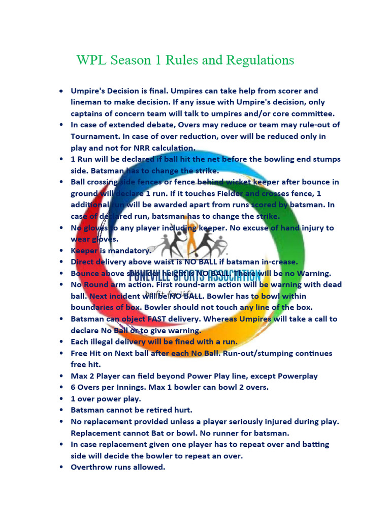 WPL Season 1 Rules and Regulations-1 | PDF | Bowling (Cricket) | Cricket