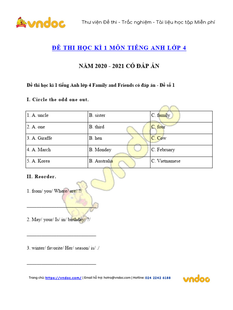 De Thi Hoc Ki 1 Mon Tieng Anh Lop 4 Theo Chuong Trinh Family and Friends | PDF