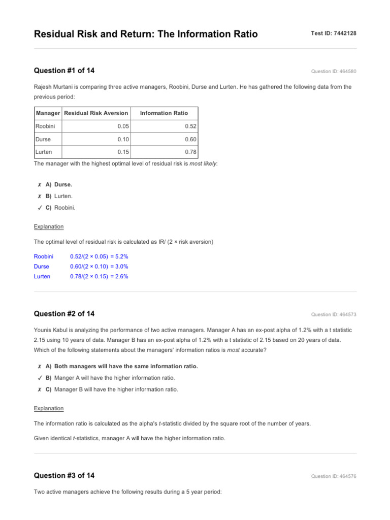 03 Residual Risk and Return - The Information Ratio | PDF