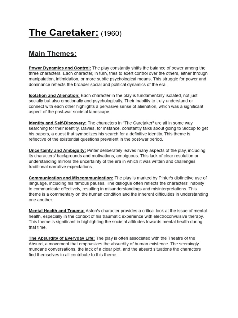 The Caretaker Themes, Summary, Characters | PDF