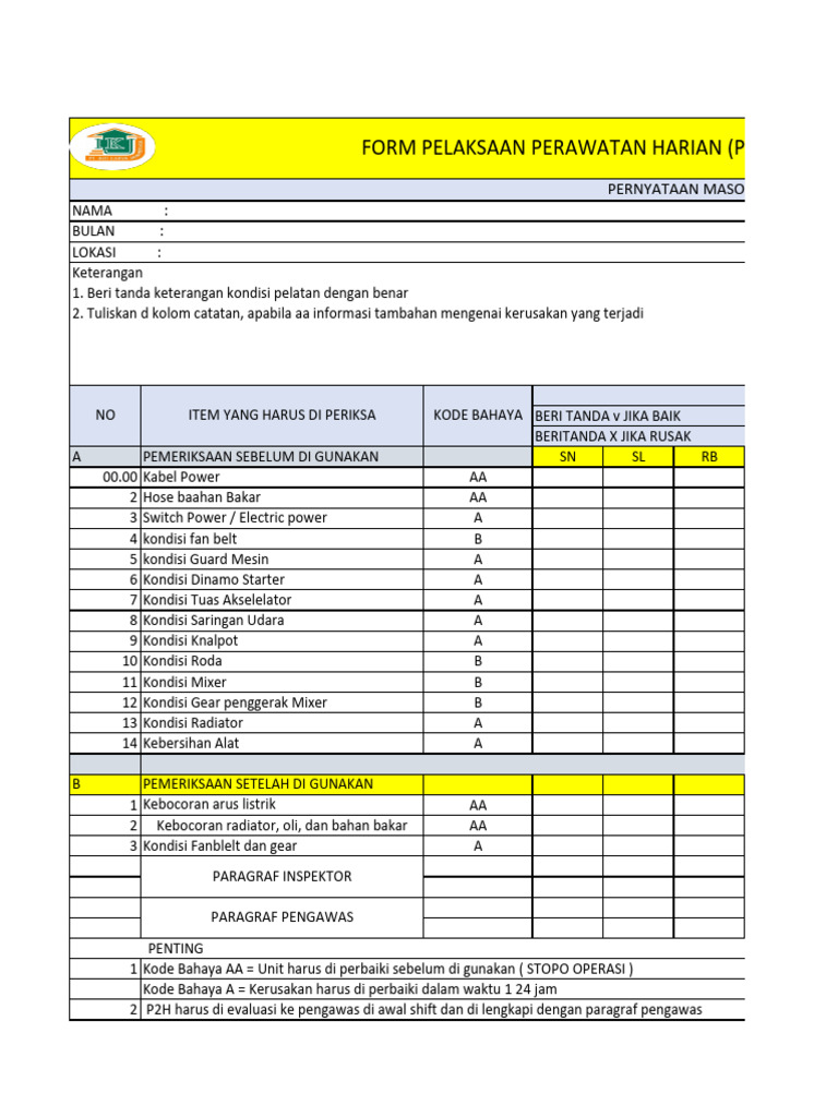 Form P2H untuk Alat Berat dan Genset | PDF