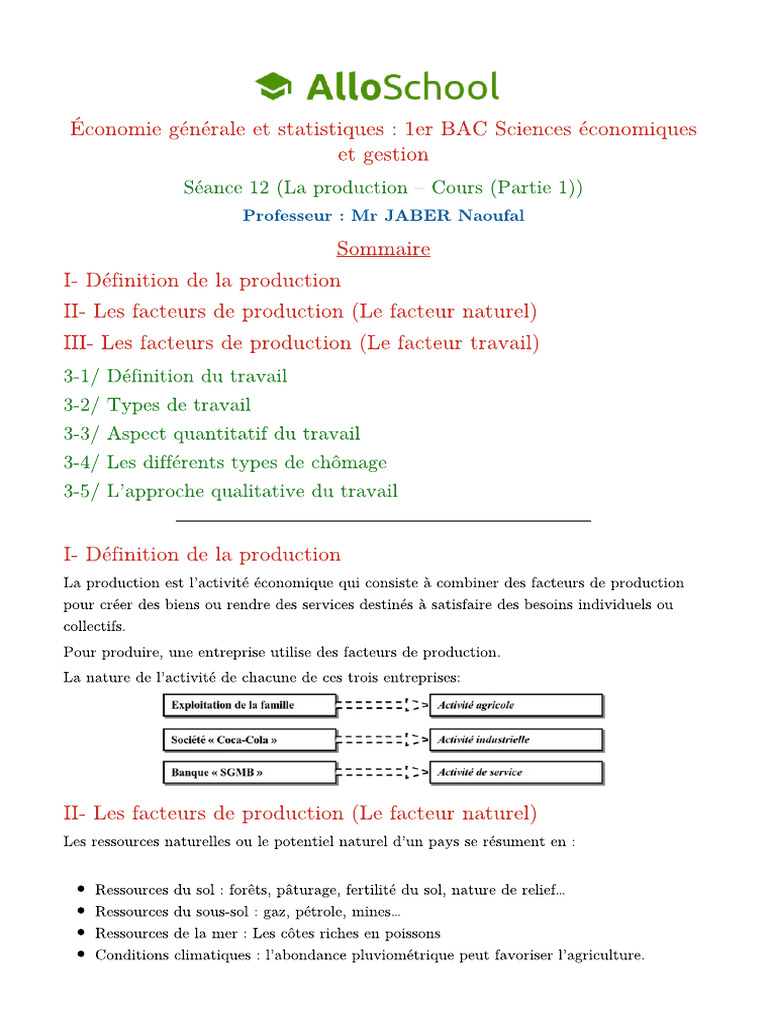 Seance 12 La Production Cours Partie 1 3 | PDF