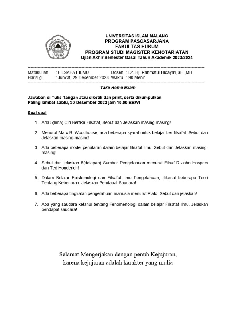 SOAL UAS Filsafat Ilmu MKN Ganjil 2023 | PDF