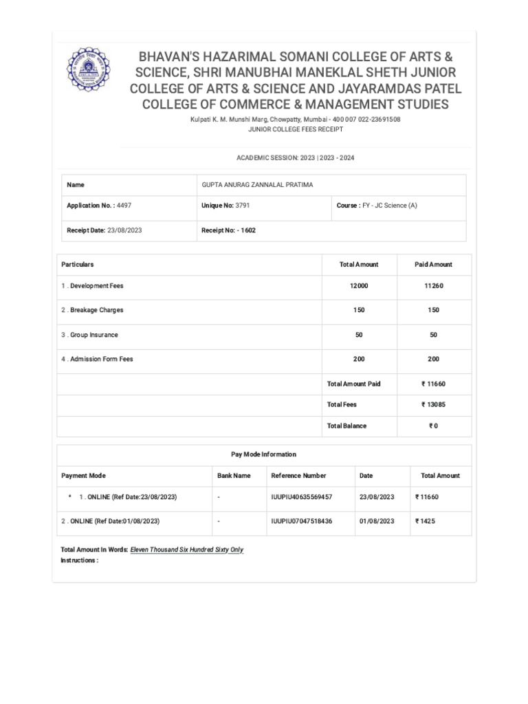 Hazarimal Somani College Fee Receipt | PDF