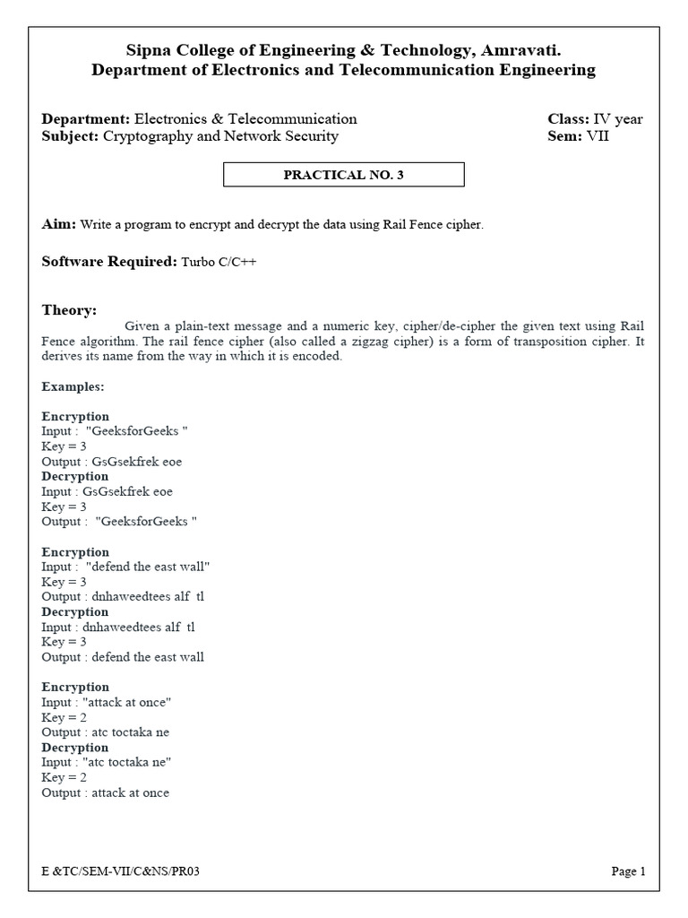 PR3 Rail Fence Cipher Final | PDF | Cipher | Key (Cryptography) PR3 Rail Fence Cipher Final | PDF | Cipher | Key (Cryptography)