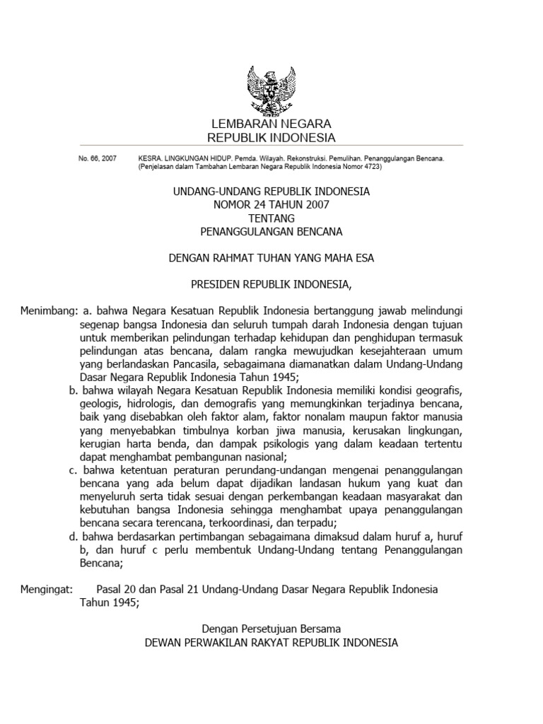 UU No 24 Tahun 2007 TTG Penanggulangan Bencana (Lengkap) | PDF | Politik