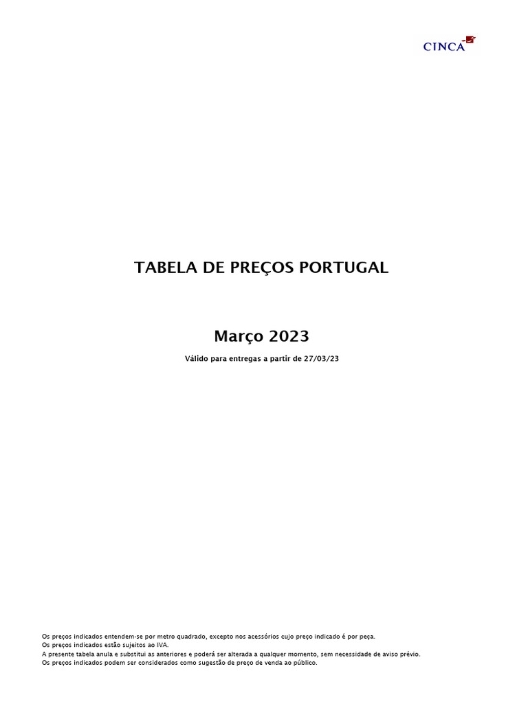 Tabela de Precos Cinca | PDF