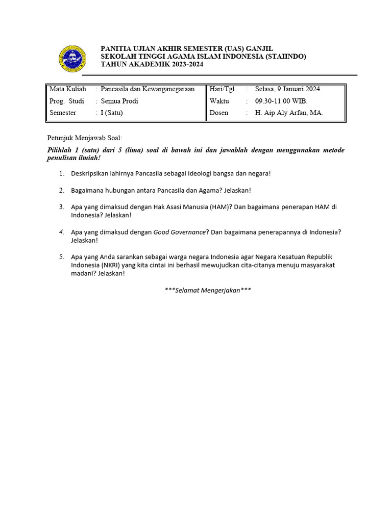 Soal Uas Pancasila Ganjil 2023-2024 | PDF | Agama & Spiritualitas