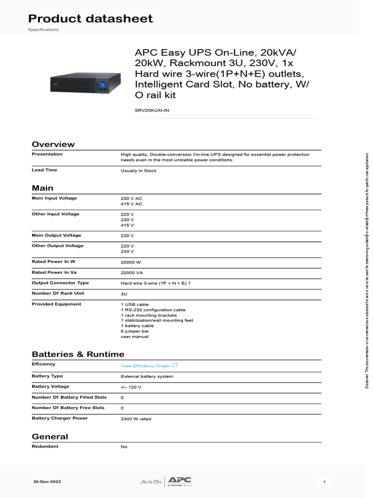APC - Online UPS Data Sheet | PDF | Electrical Engineering | Electricity