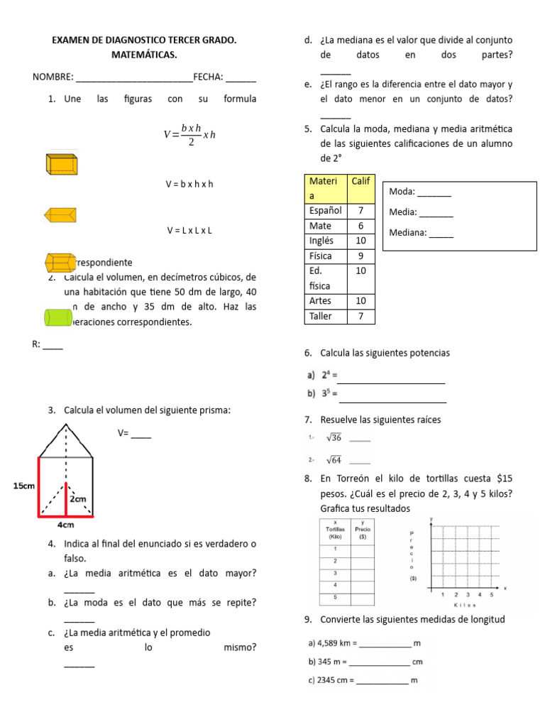 Examen de Diagnostico 3er Año | PDF | Matemáticas