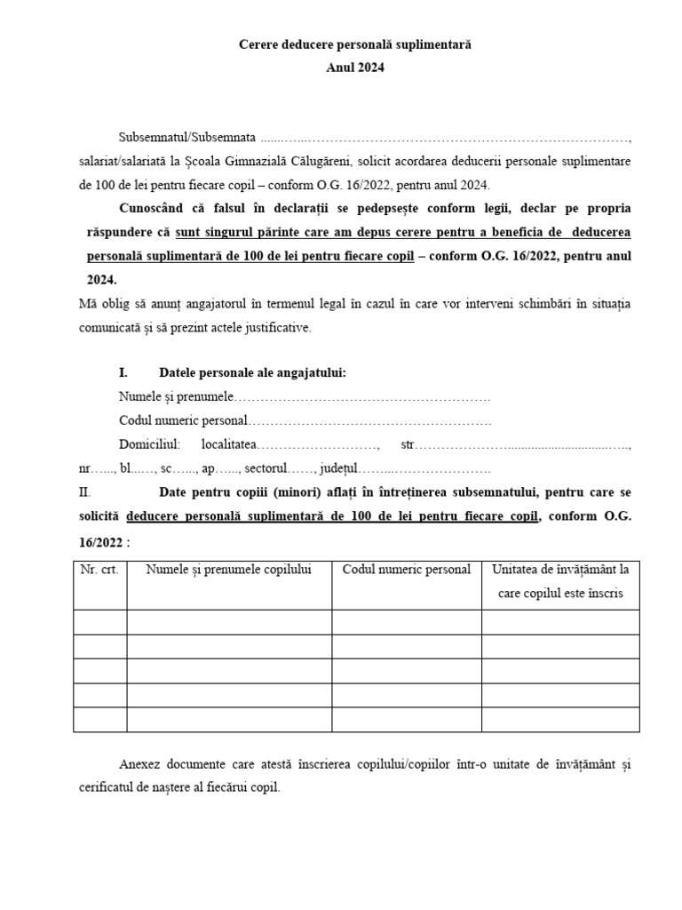 DECLARAȚIA Deducere Suplimentară 2024 | PDF