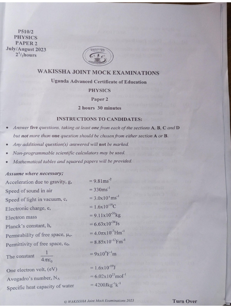 Uace Physics 2 Wakisha 2023 1 | PDF
