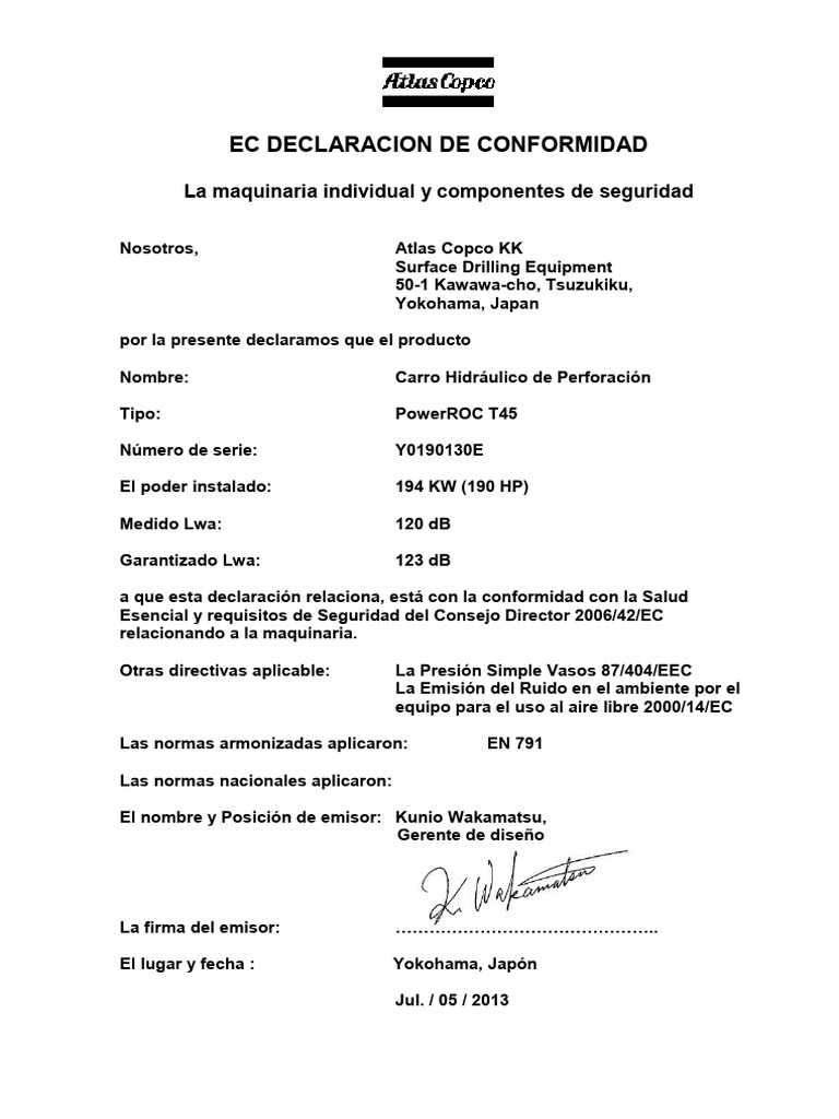 Declaration of Conformity Y0190130E ES | PDF