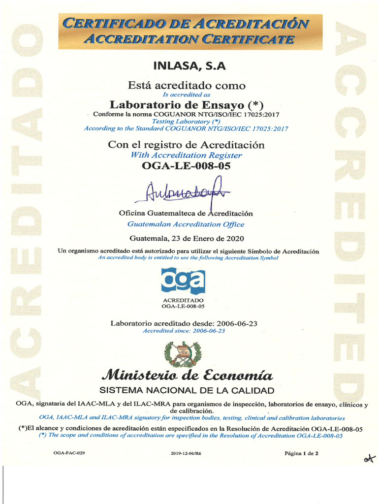 Certificado de Acreditacion Inlasa | PDF
