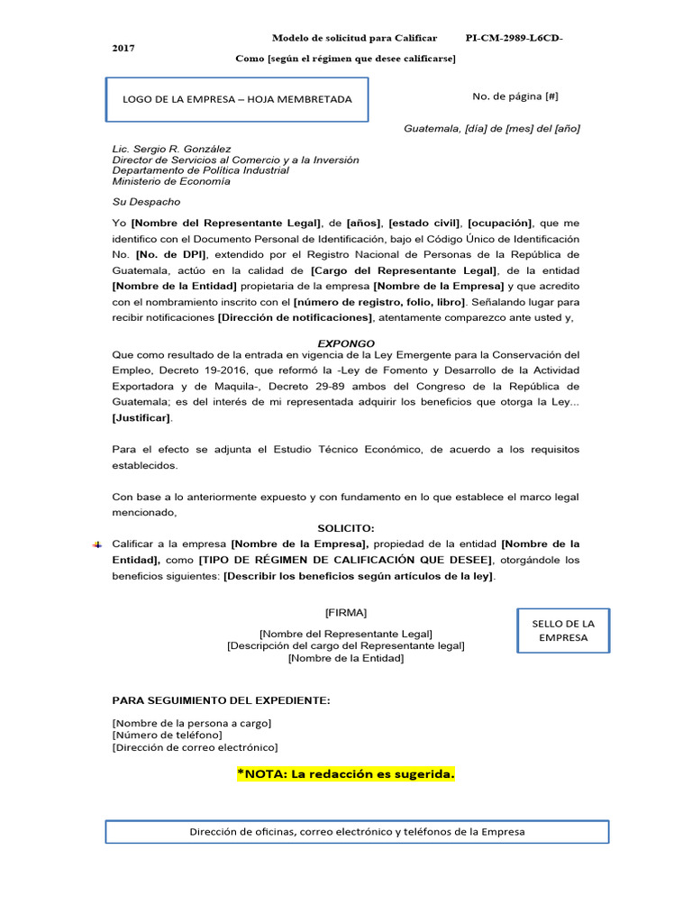 Carta Modelo Pi-Cm-2989-L6cd-2017 Productora y Prestadora de Servicios ...