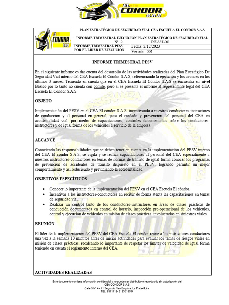 Formulario B1 Informe Trimestral CONDOR | PDF | Seguridad vial