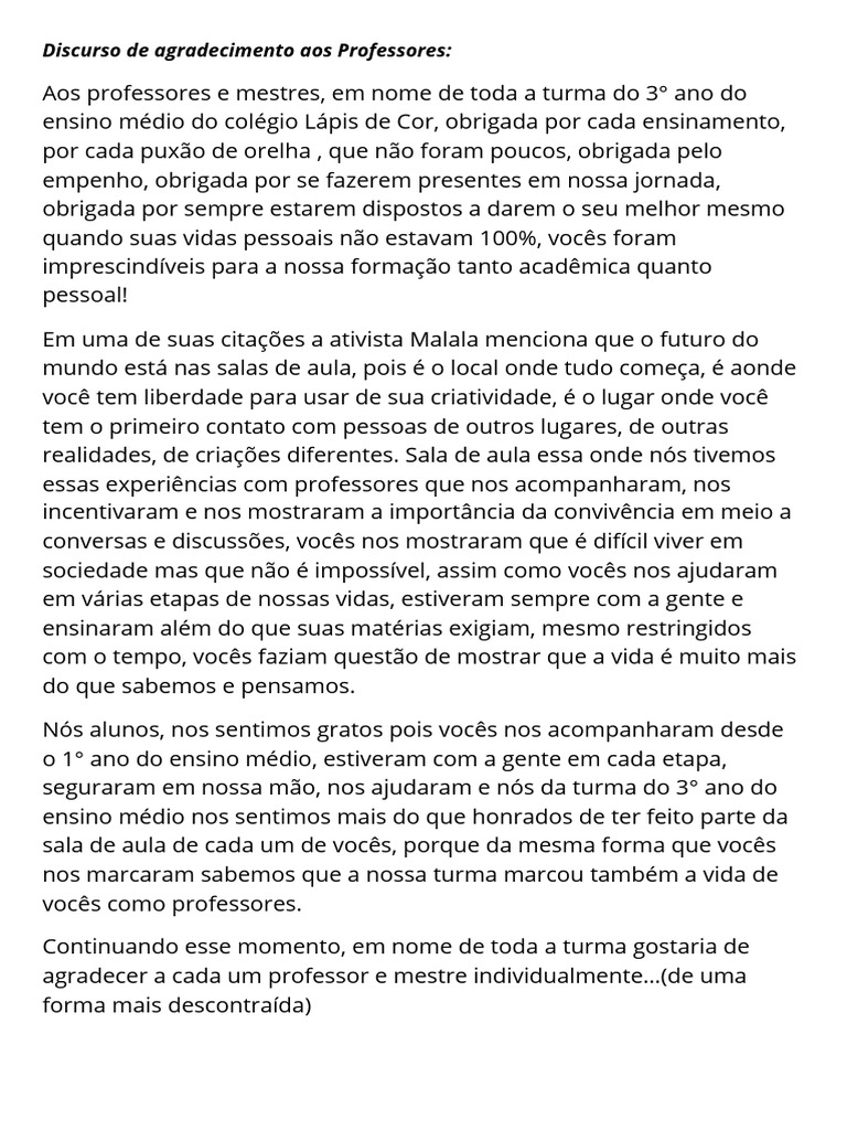Discurso de Agradecimento Aos Professores | PDF