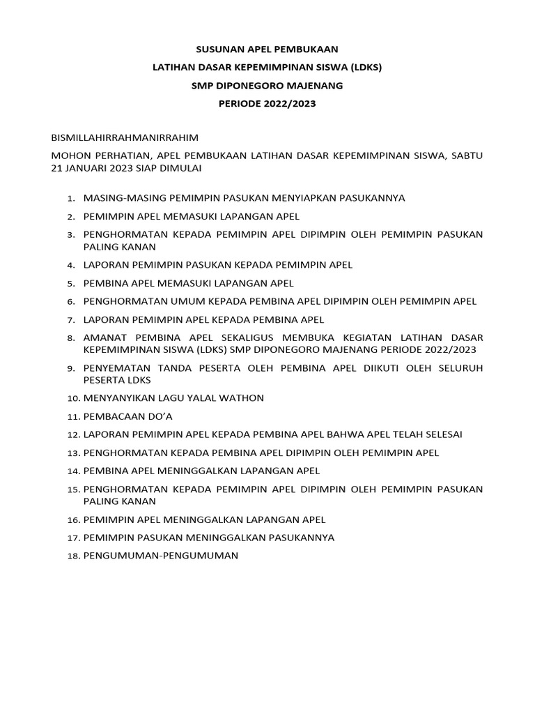 Susunan Apel & Doa LDKS | PDF