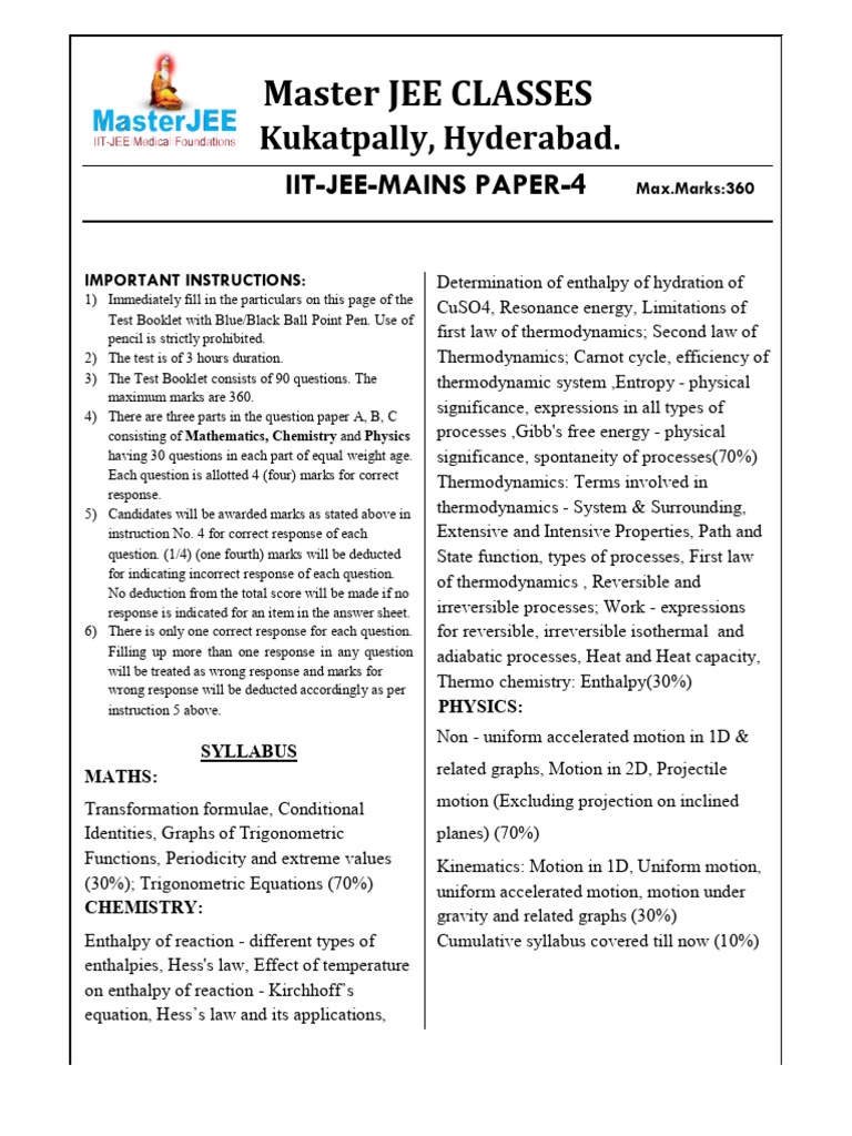 Iit Jee Mains Paper 4 | PDF
