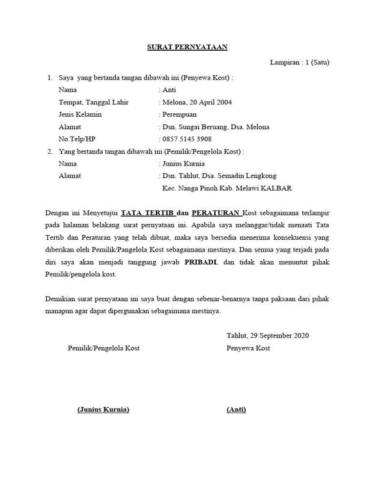 Surat Pernyataan Kost | PDF