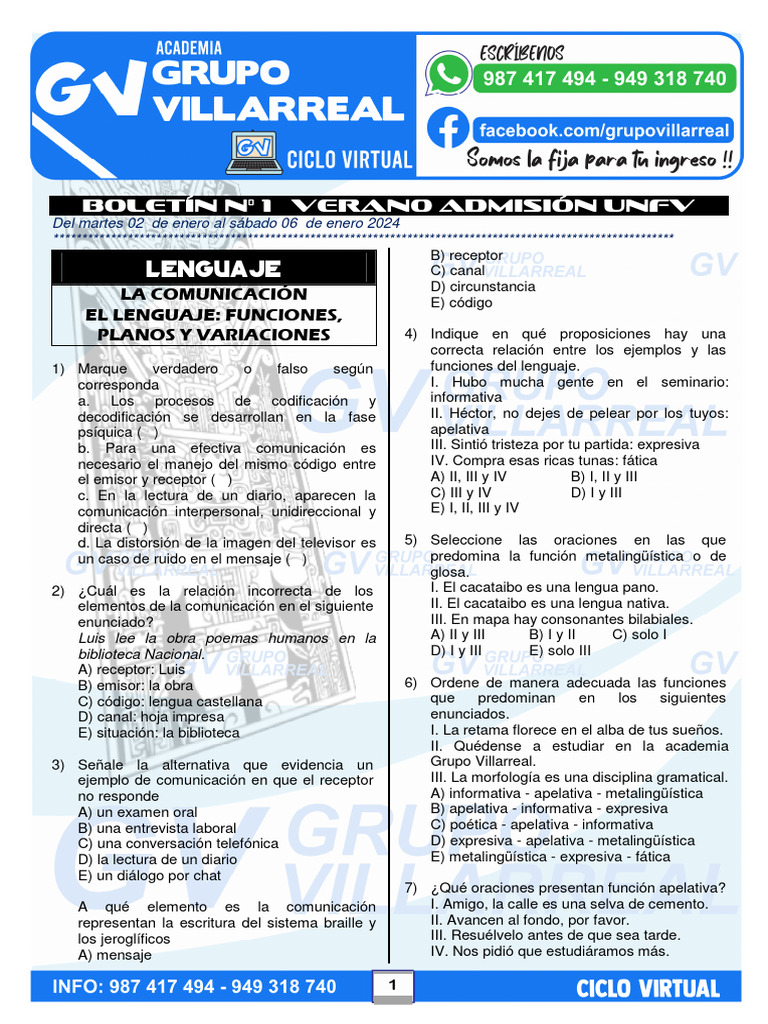 Boletin N°1 Verano Admision Unfv 2024 | PDF | Comunicación | Dialecto